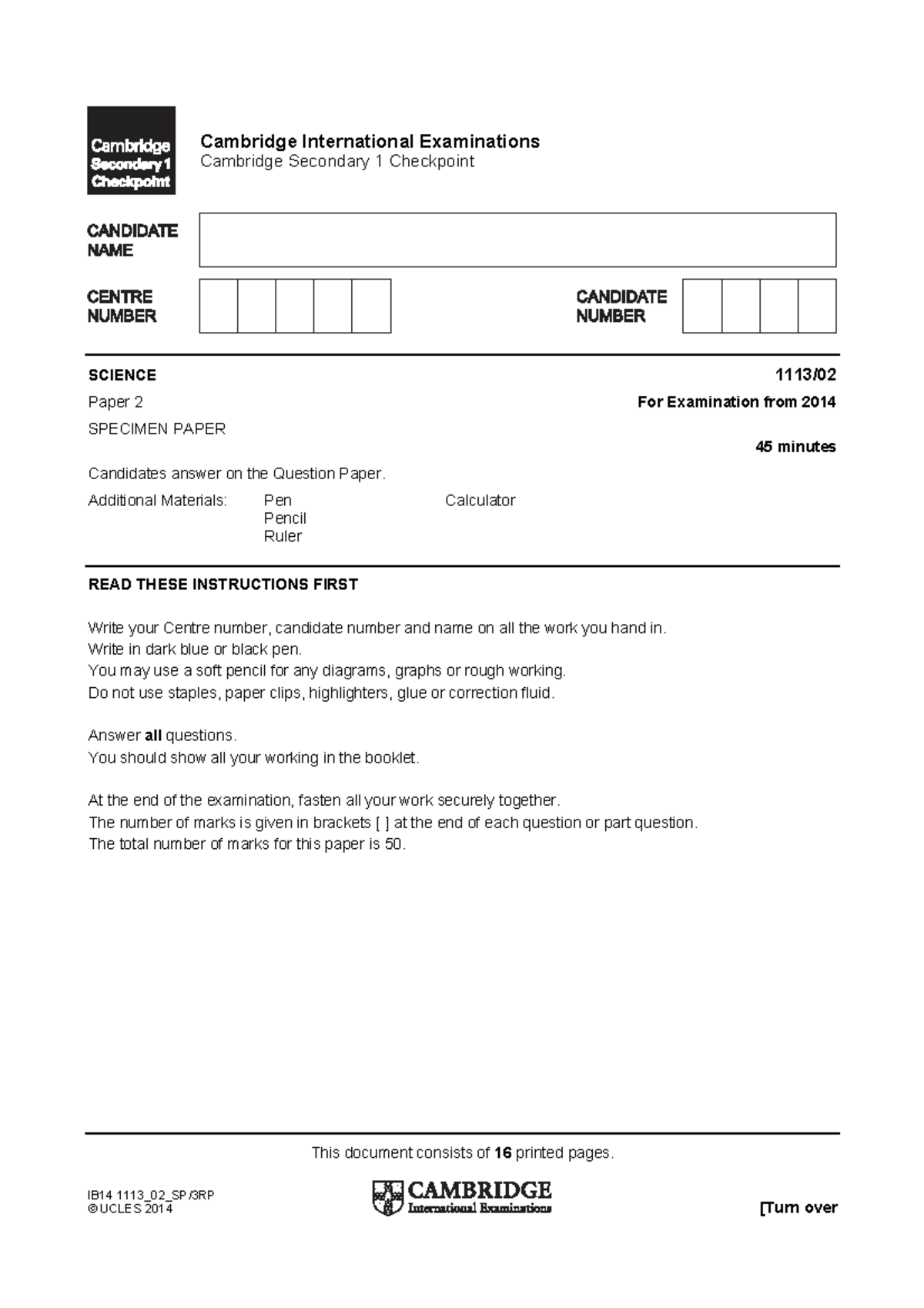SCIENCE - Cambridge Secondary 1 Checkpoint Paper 2 Specimen 2014 - Studocu