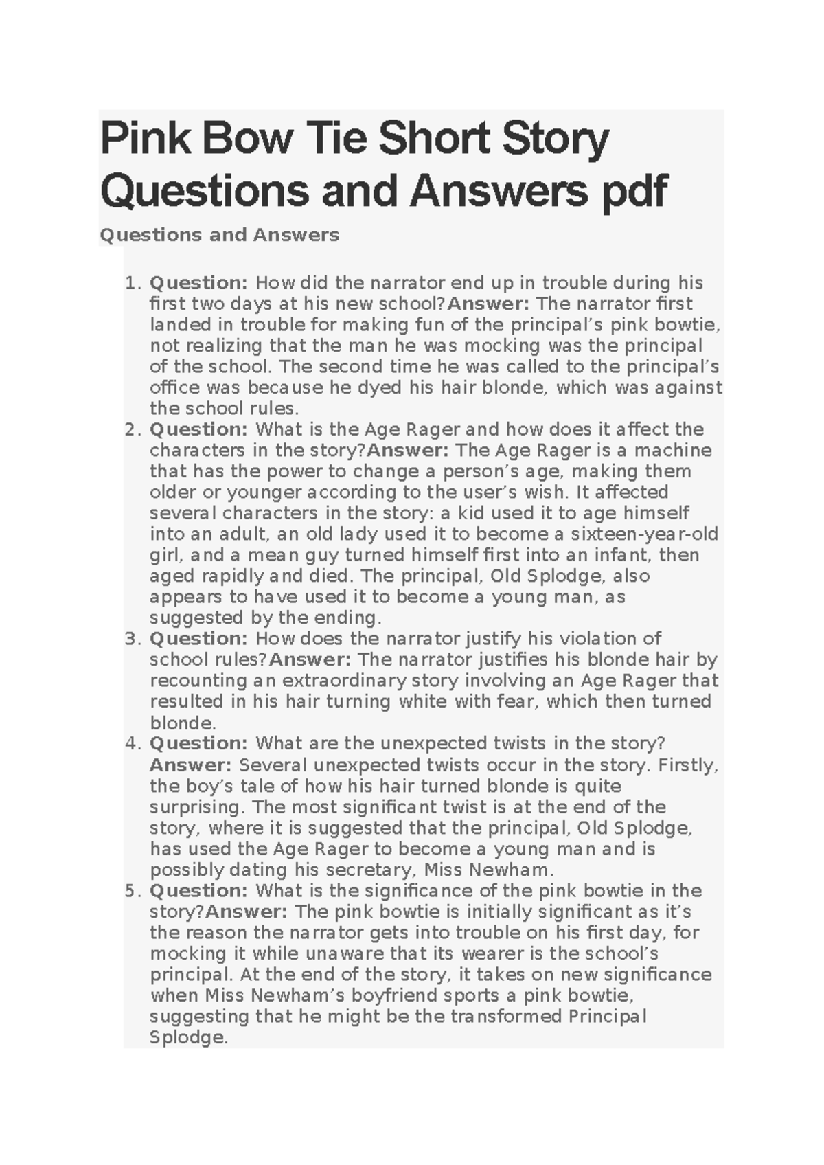 Pink Bow Tie Short Story Q&A (ENG 101) - Studocu