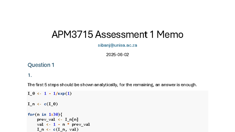APM3715 Assessment 1 Memo: Recursion & Bisection Method Analysis - Studocu