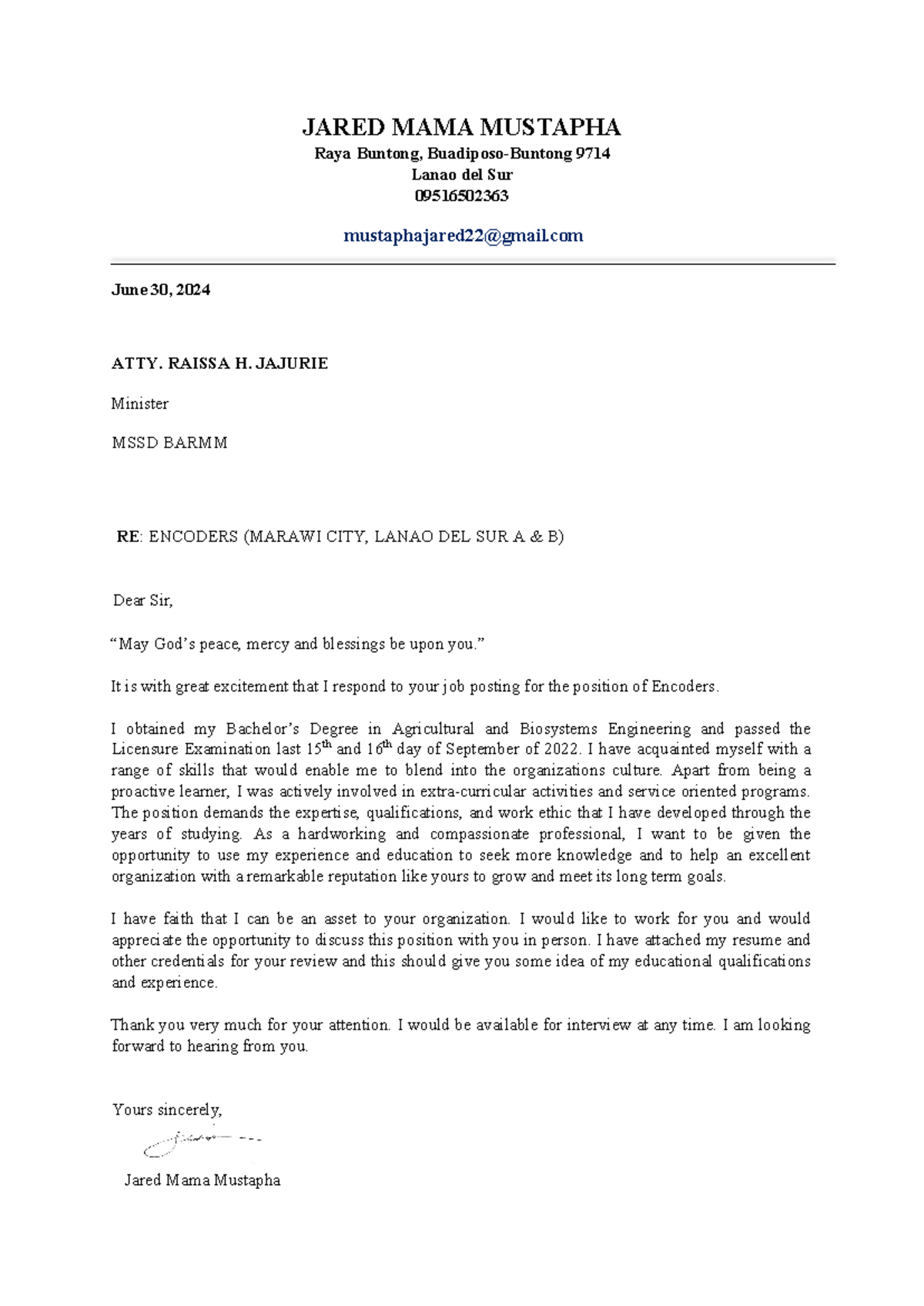 Application Letter - Encoders - JARED MAMA MUSTAPHA Raya Buntong ...