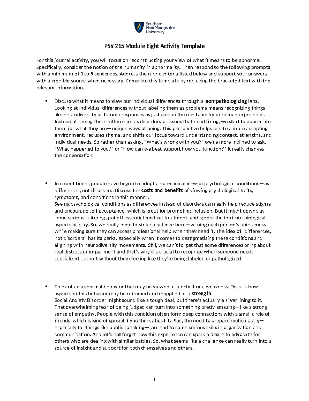 PSY 215 Journal Activity: Reframing Abnormality Perspectives - Studocu