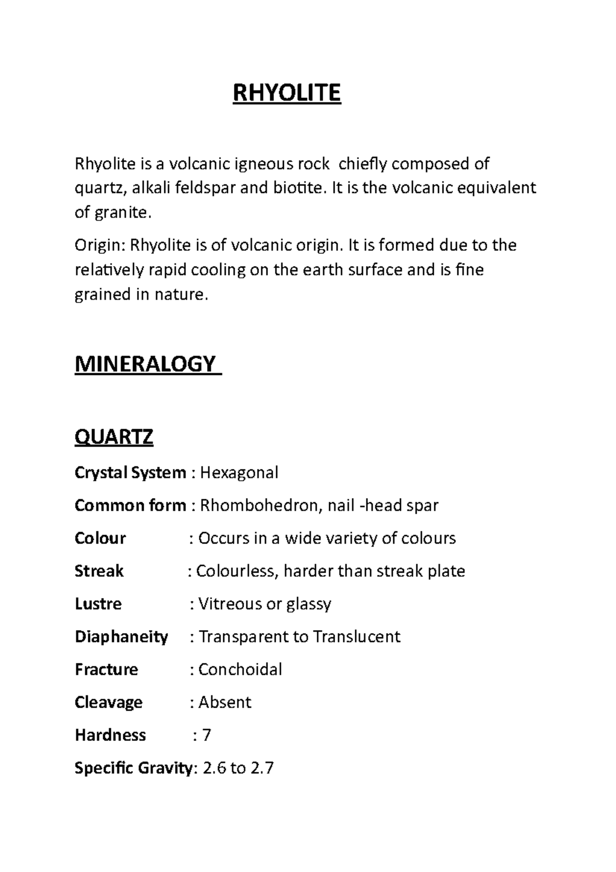 Rhyolite: Properties and Mineral Composition Analysis - Studocu