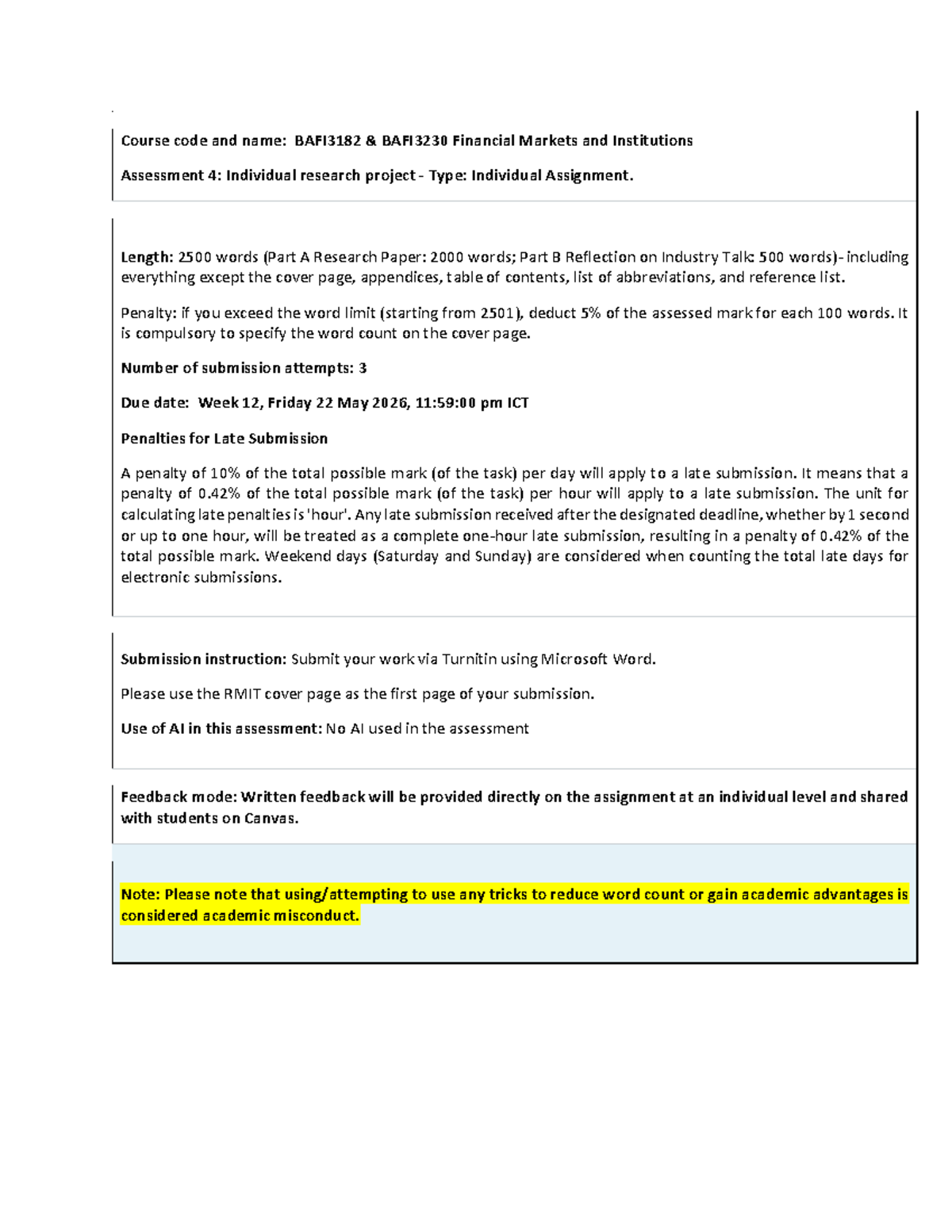 BAFI3182 BAFI3230 Financial Markets & Institutions: Research Project 4 ...