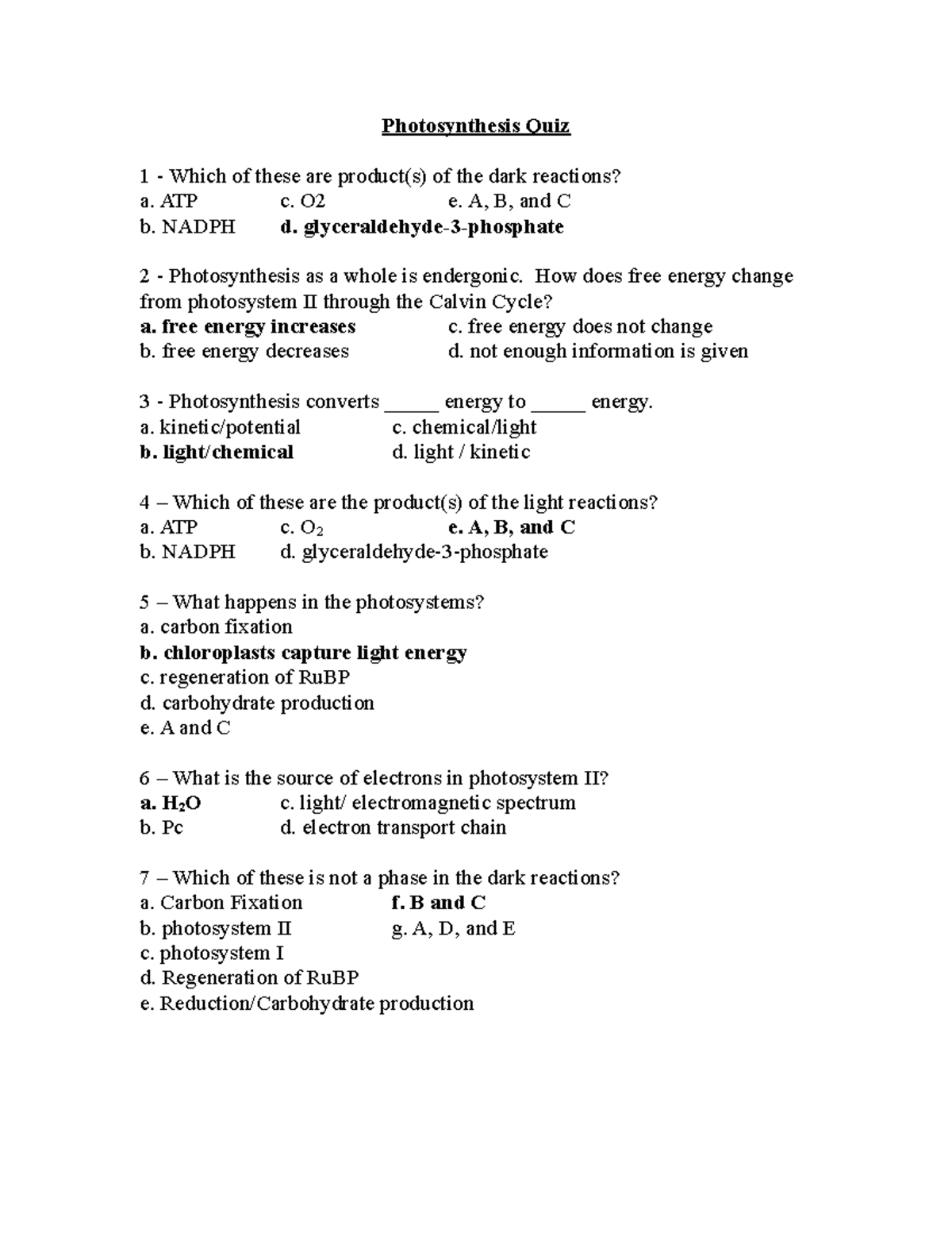 Photosynthesis Quiz Answer Key - Key Concepts & Responses - Studocu