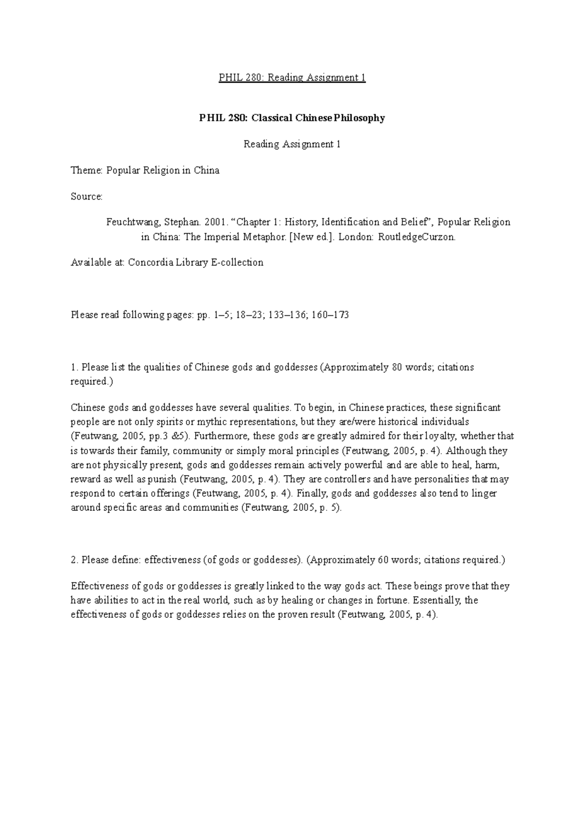 PHIL 280: Classical Chinese Philosophy - Reading Assignment 1 - Studocu