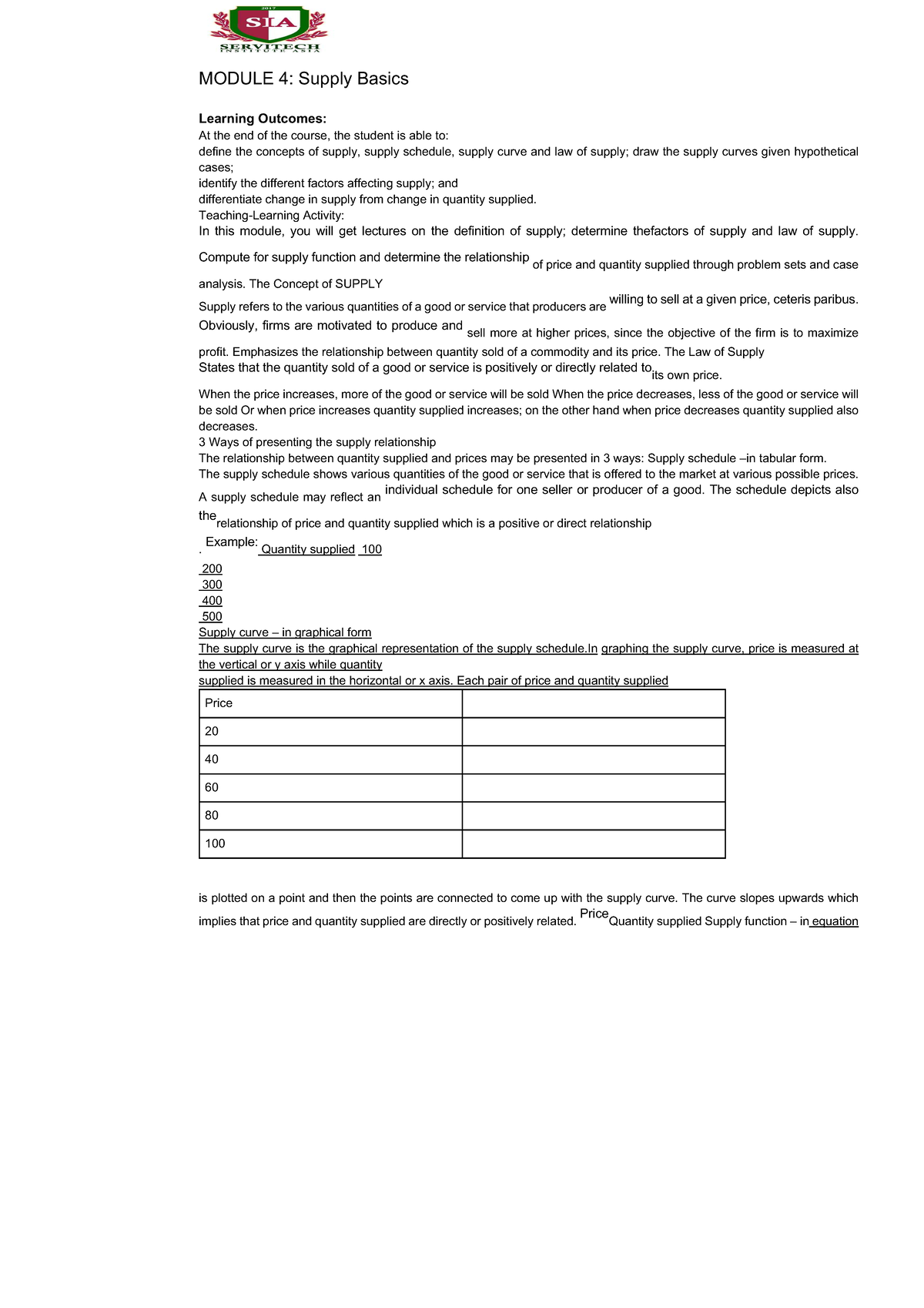 BM Module 4: Understanding Supply Concepts and Factors - Studocu