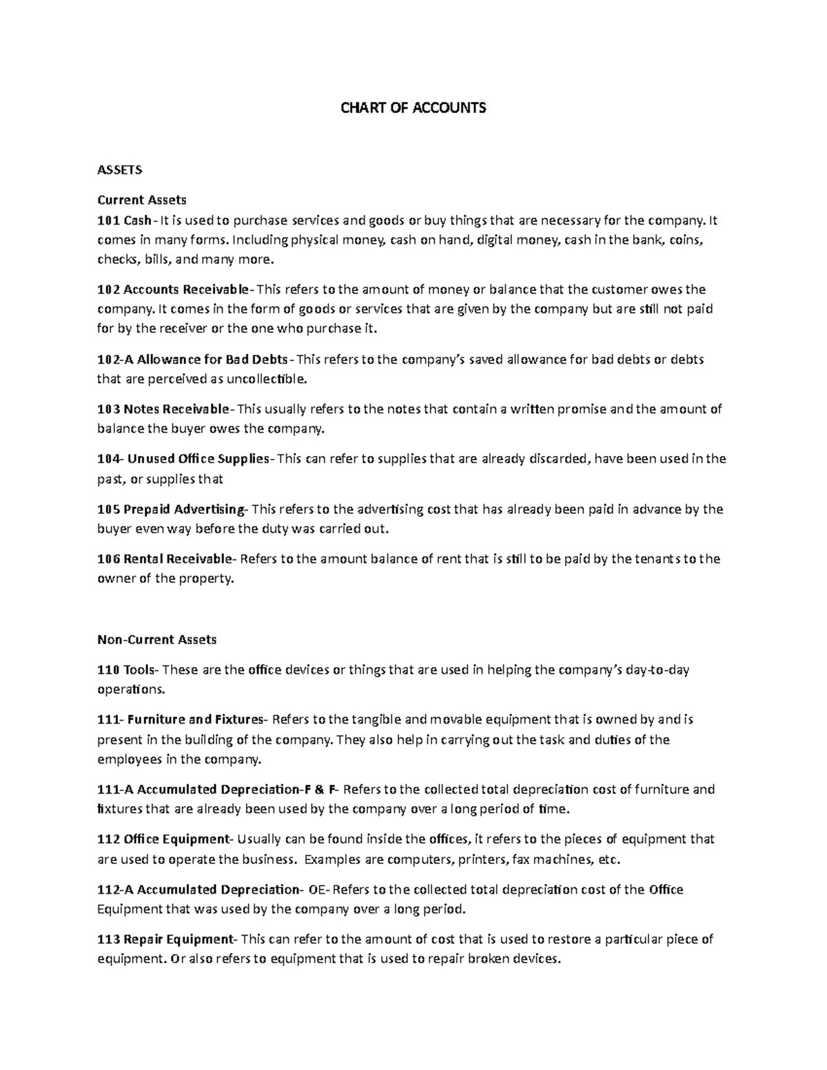 Chart of Accounts - CHART OF ACCOUNTS ASSETS Current Assets 101 Cash ...