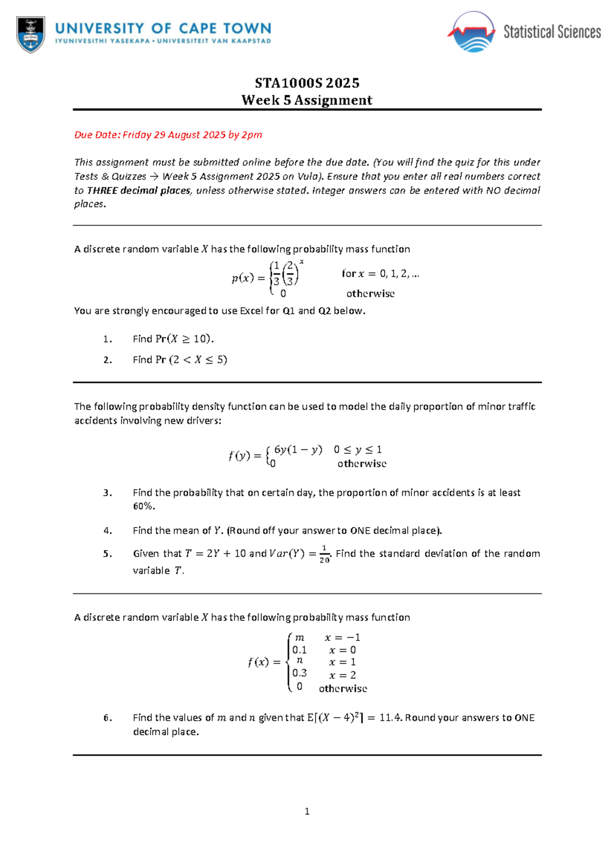 Assignment 5 STA100S: Probability and Statistics Tasks - Studocu