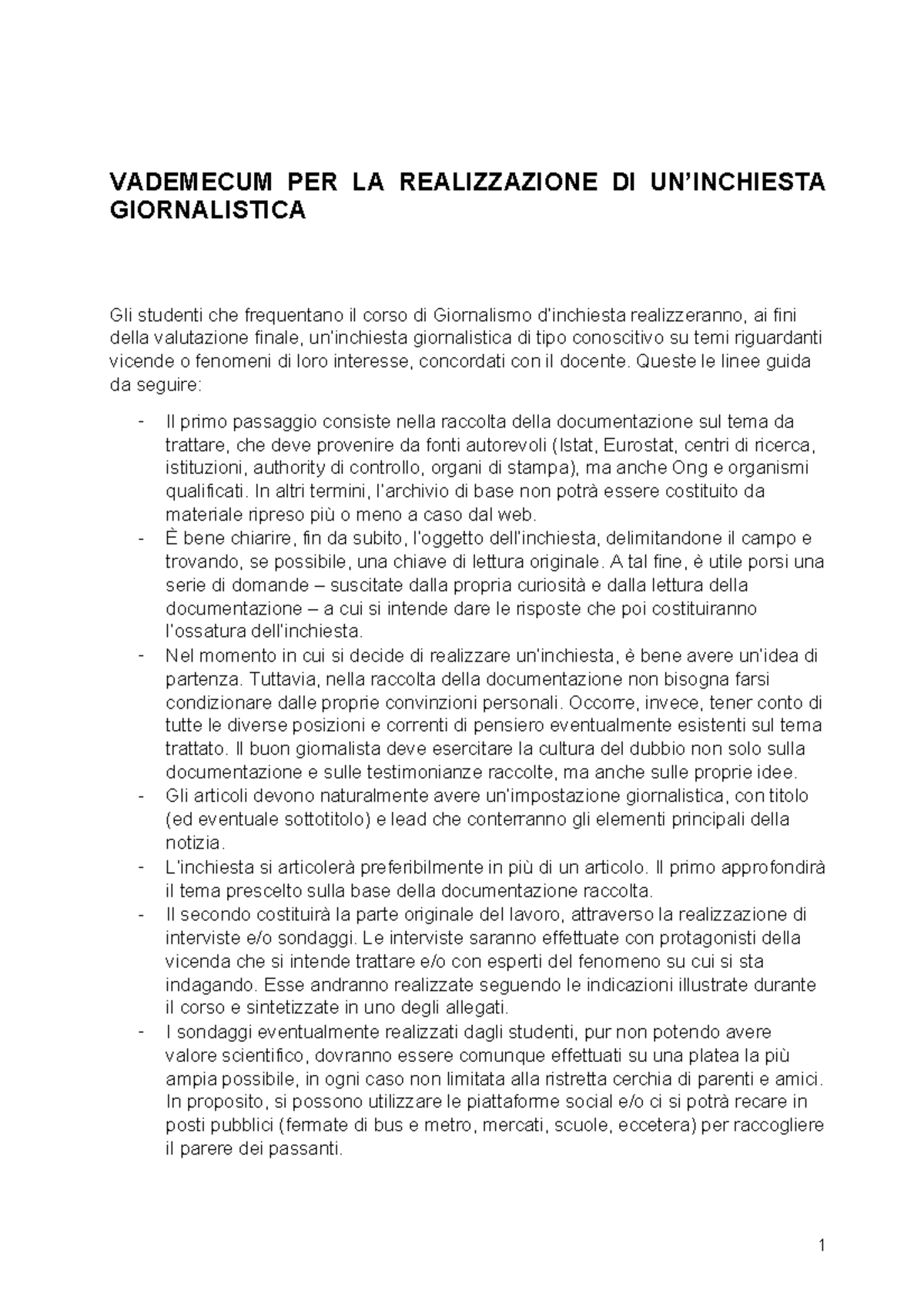 Vademecum per Inchieste di Giornalismo - Esercitazione GIOR 101 - Studocu