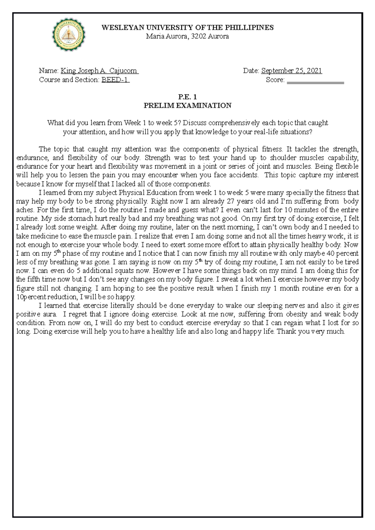 P.E. Pre Lim Exam : Physical eDUCATION - WESLEYAN UNIVERSITY OF THE ...