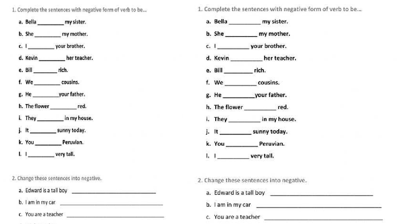 Verb to Be: Negative Form Exercises - ESL 101 - Studocu