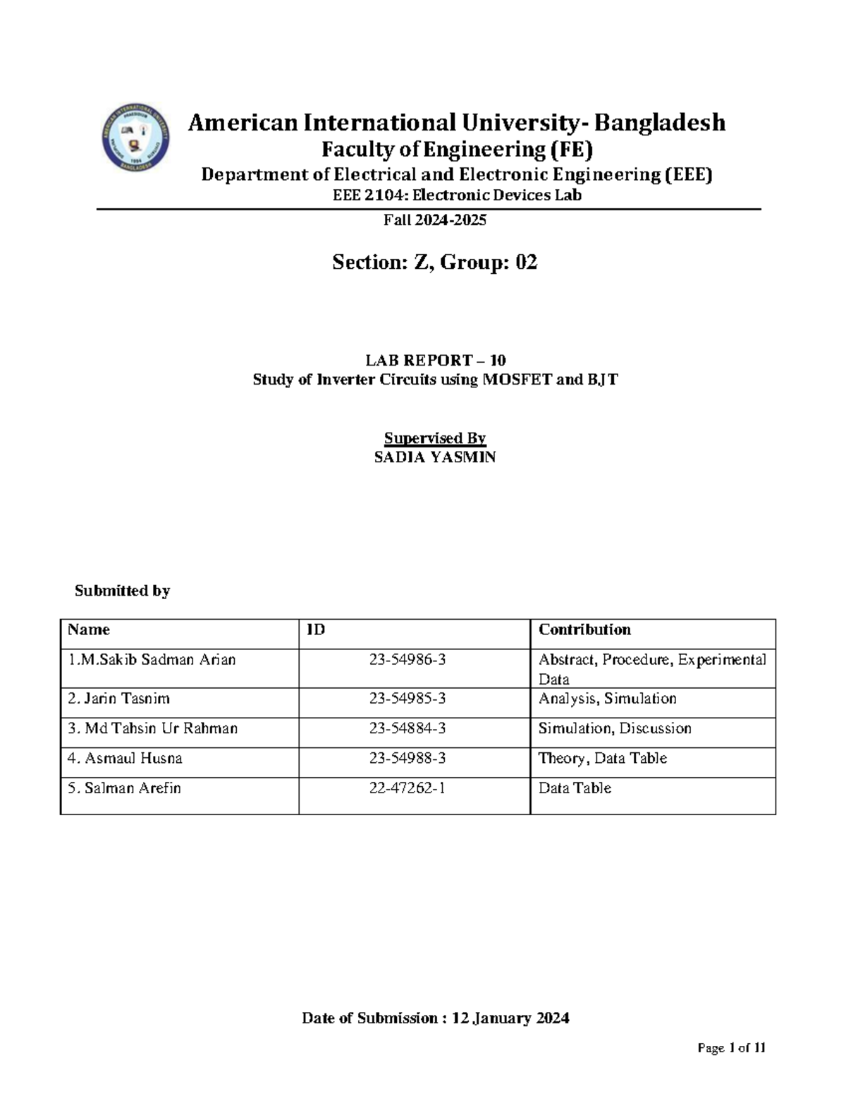 ED 2104: Lab Report 10 on Inverter Circuits with MOSFET & BJT - Studocu