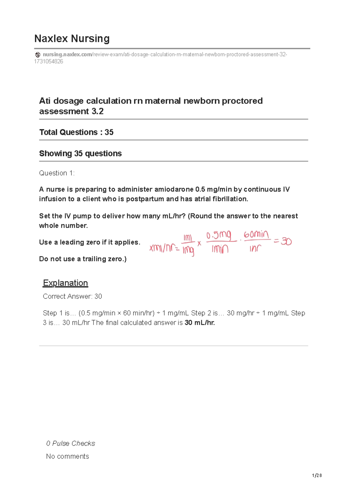 Dosage Calculation RN Maternal Newborn Proctored Assessment 3.2 (35 ...
