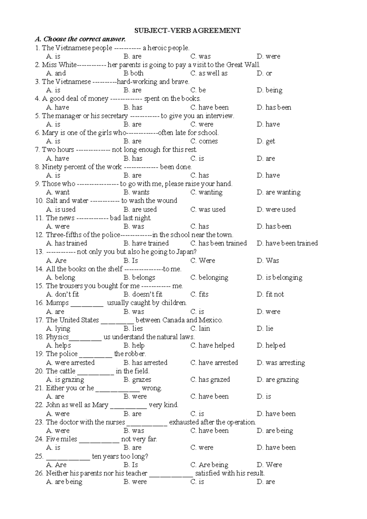 Subject-Verb Agreement Quiz (ENG101) - Studocu
