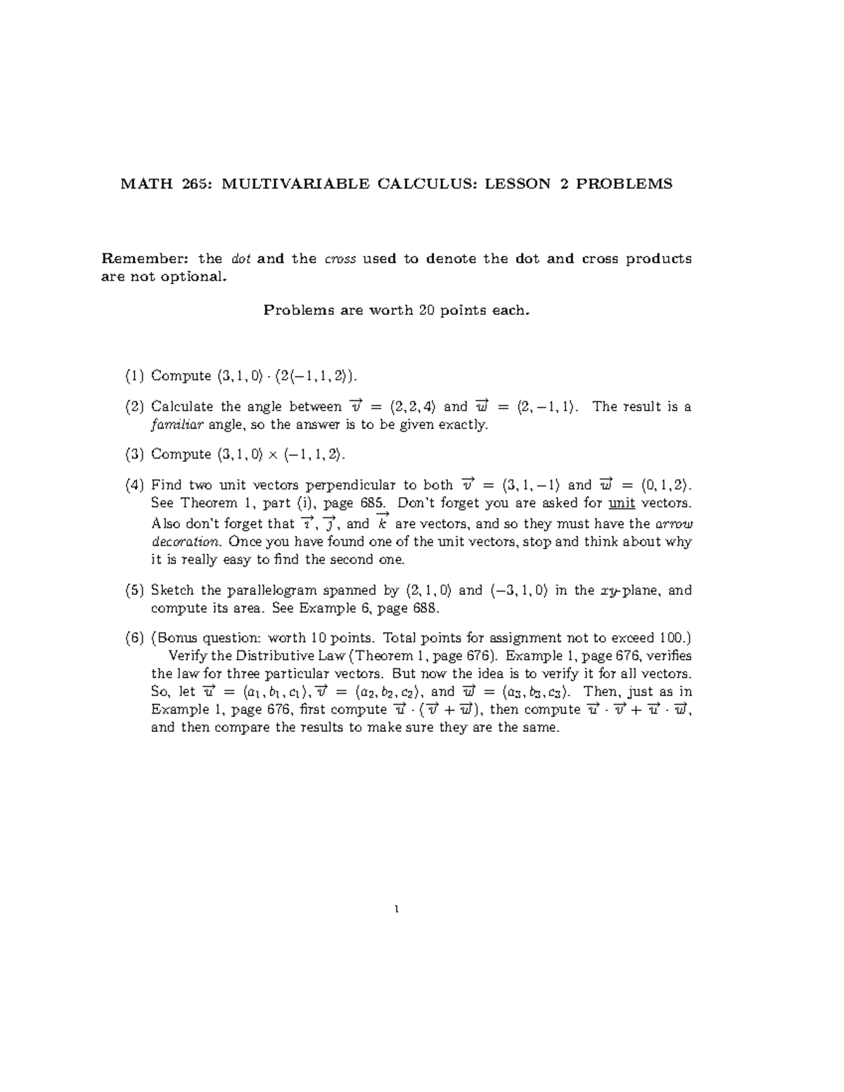 L2 Problems - Lecture 2 HW - MATH 265: MULTIVARIABLE CALCULUS: LESSON 2 ...