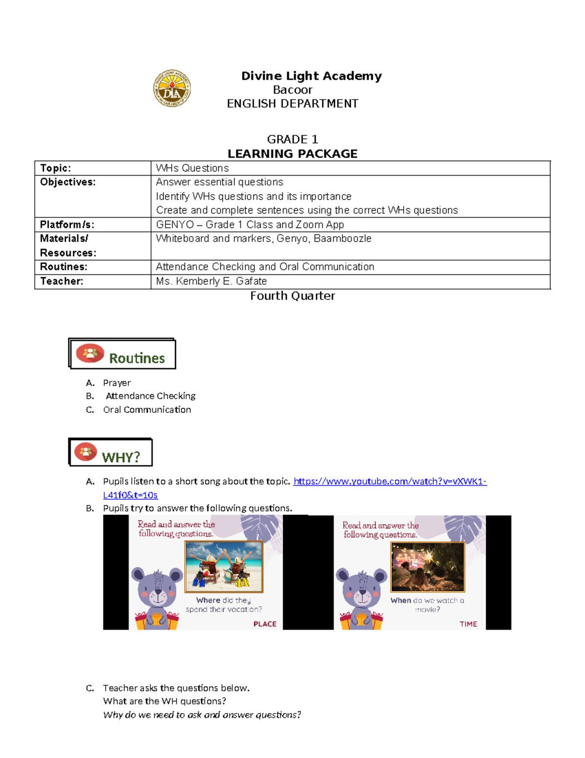 Grade 1 English Learning Package: WH Questions Activities - Studocu