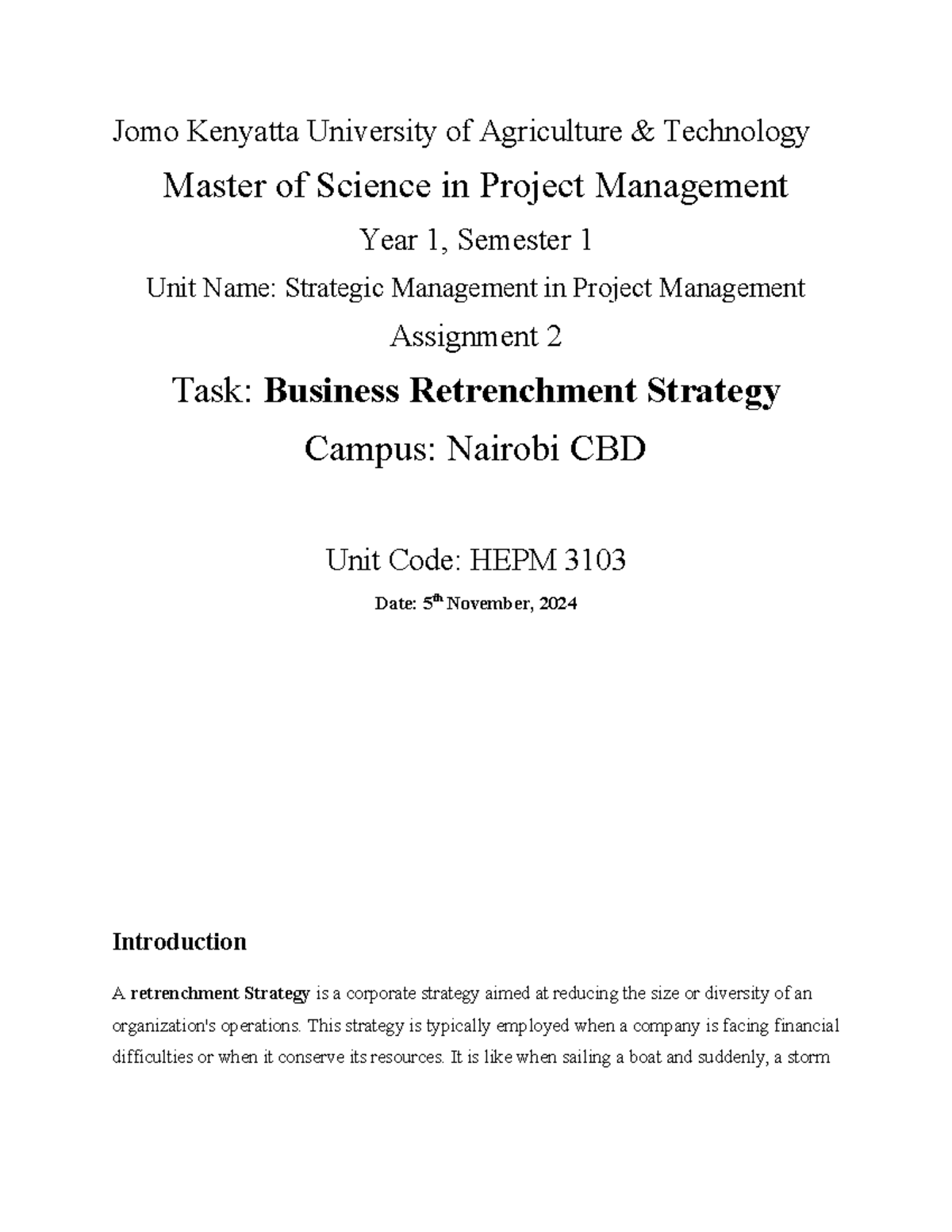 HEPM 3103: Business Retrenchment Strategies Assignment Analysis - Studocu