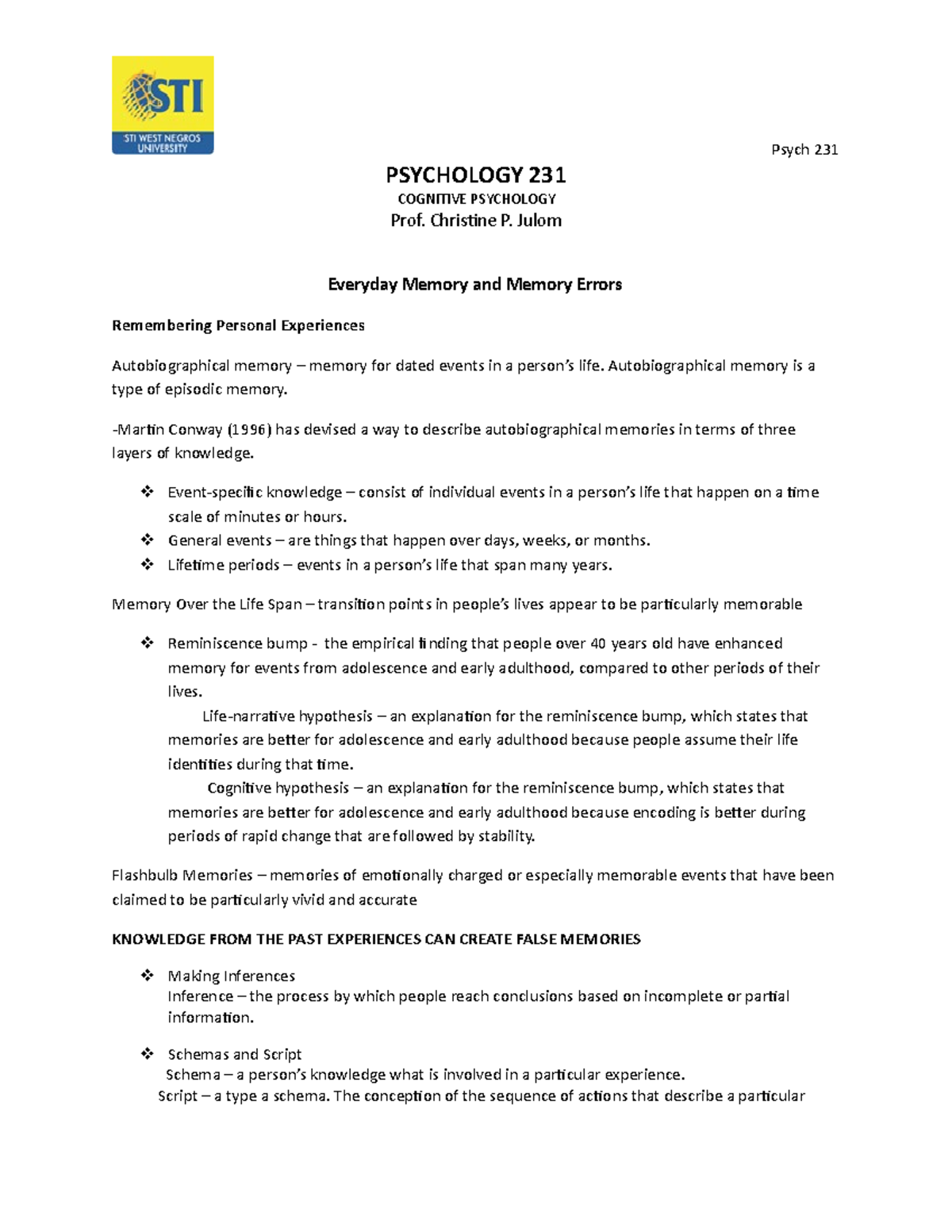 Inbound 6389609960713681939 - PSYCHOLOGY 231 COGNITIVE PSYCHOLOGY Prof ...
