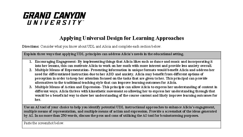 UDL - Case Study for Alicia: Enhancing Learning through UDL Principles - Studocu