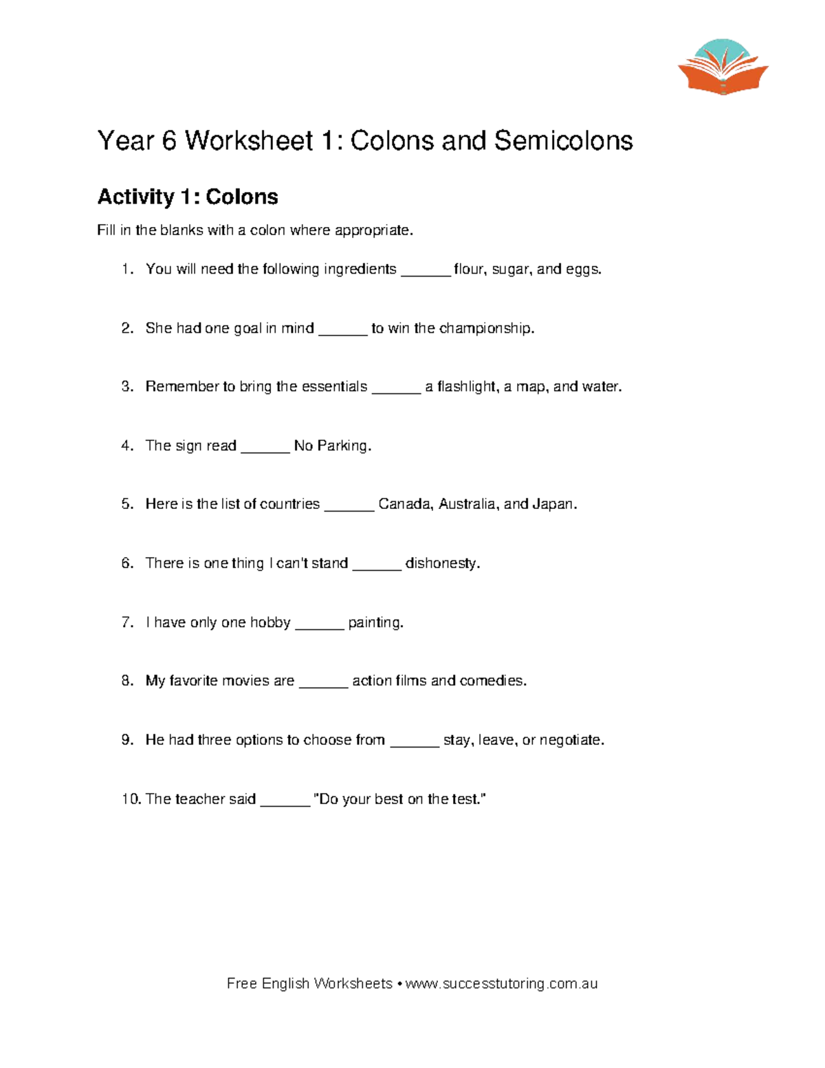 Year 6 Worksheet 1: Colons & Semicolons Practice Activity - Studocu