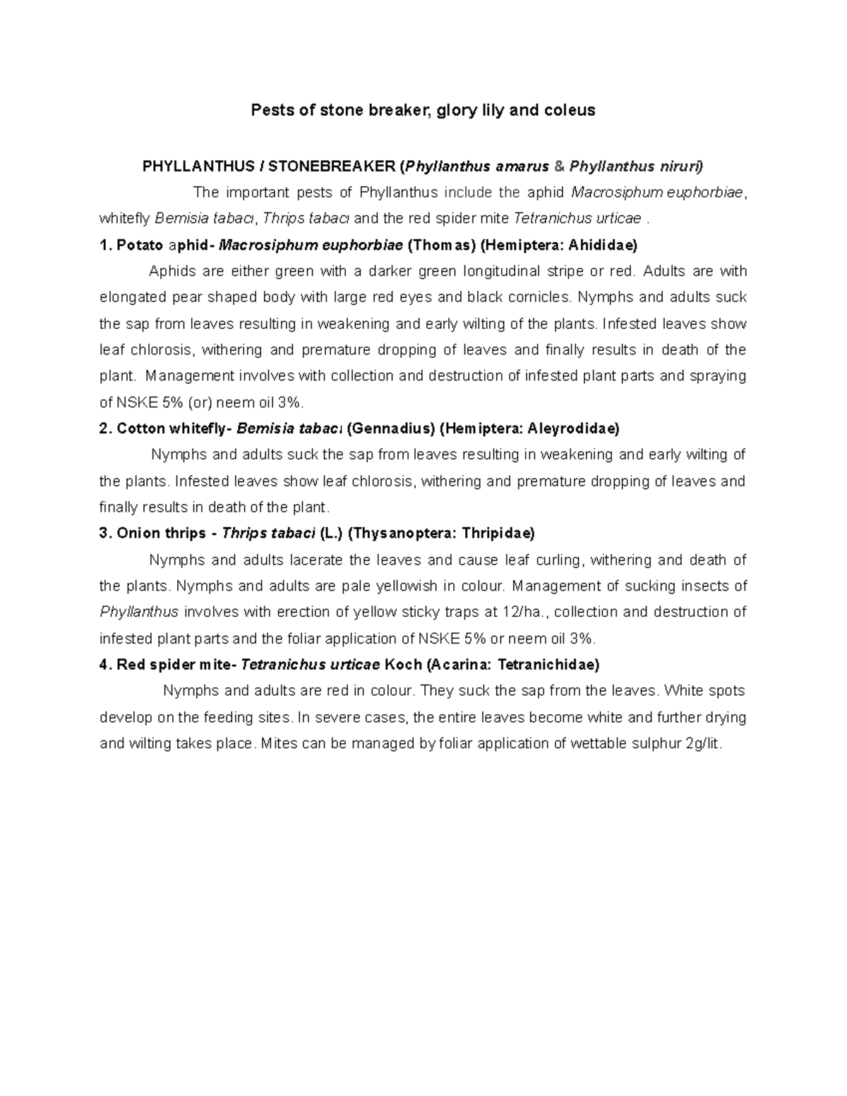 Lecture 14 - Pests of stone breaker, glory lily and coleus PHYLLANTHUS ...