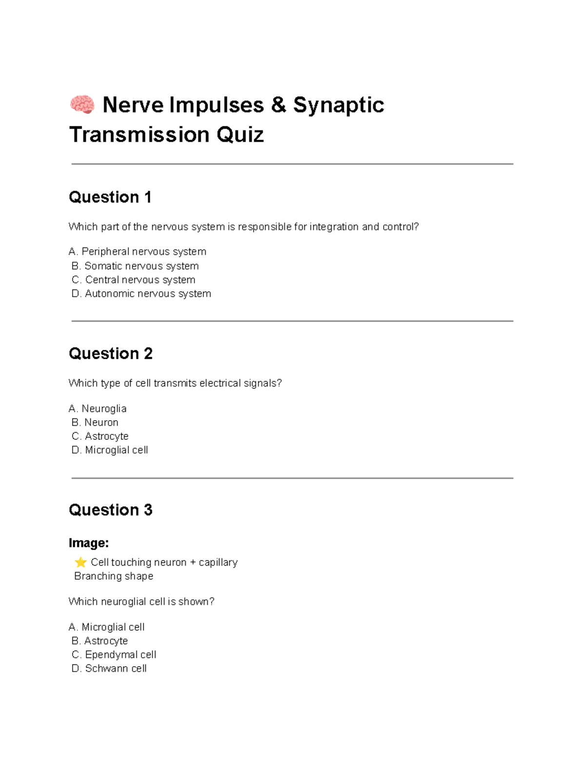 Nerve Impulses & Synaptic Transmission Quiz (BIO 101) - Studocu