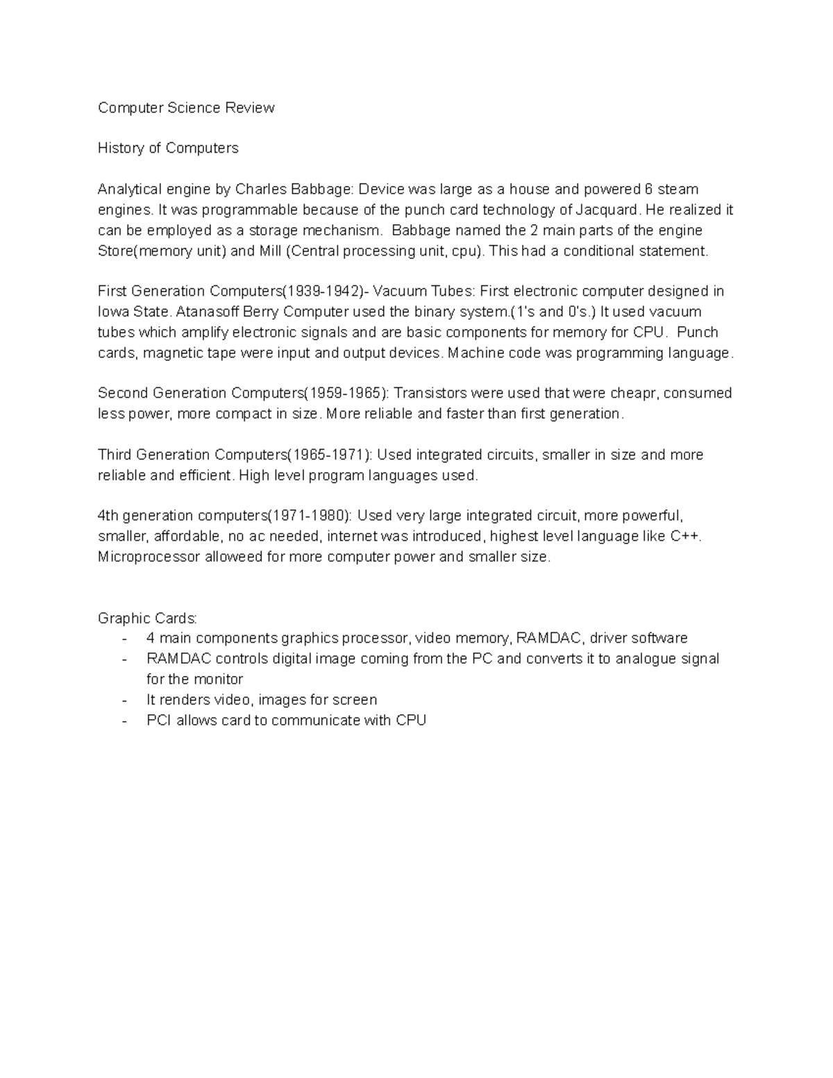 Notes for Class With Reviw - Computer Science Review History of ...