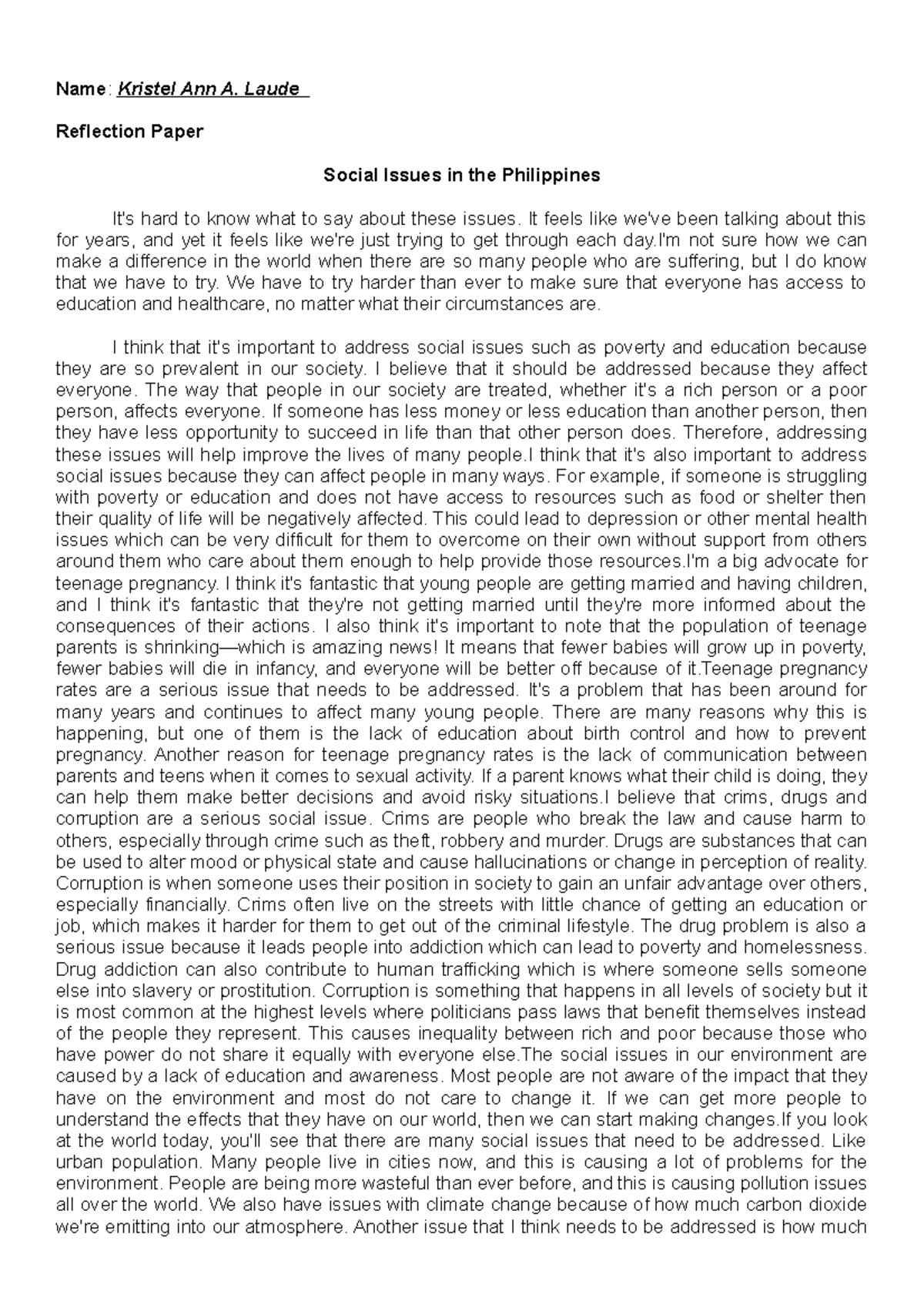 Social Issues Reflection Paper: Challenges in the Philippines - Studocu