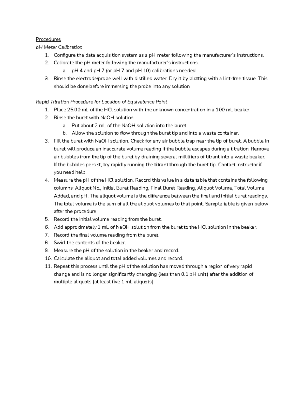 Lab 6 Procedures - Procedures pH Meter Calibration 1. Configure the ...