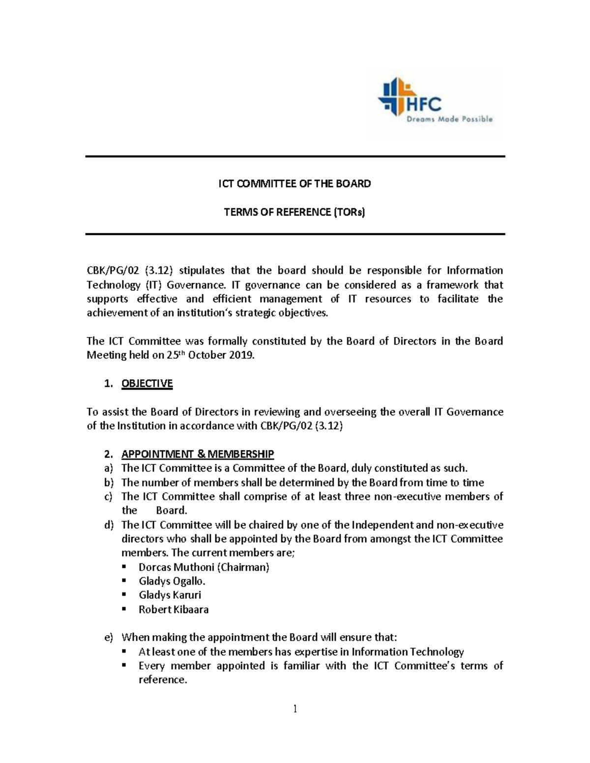 Terms of Reference for ICT Committee - CBK/PG/02 (2020) - Studocu