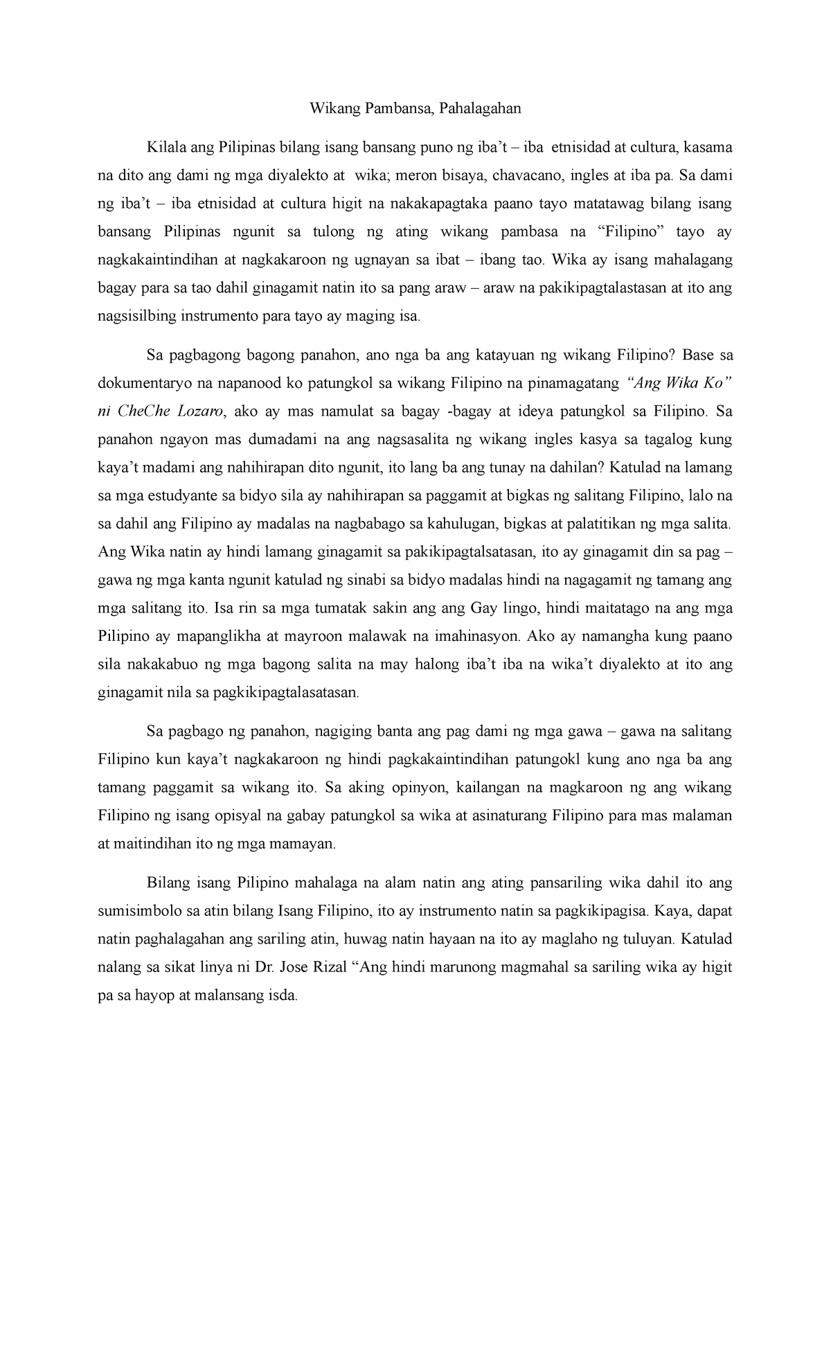 WIKA - Essay on the Importance of the Filipino Language - Studocu