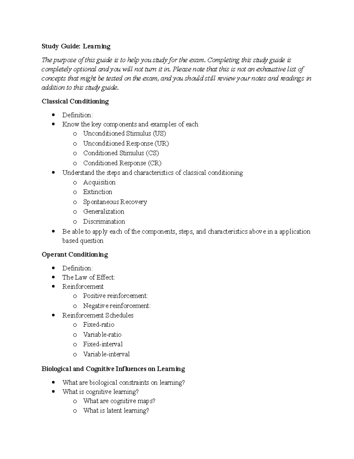 Study Guide for Exam on Classical & Operant Conditioning (Psych 101 ...