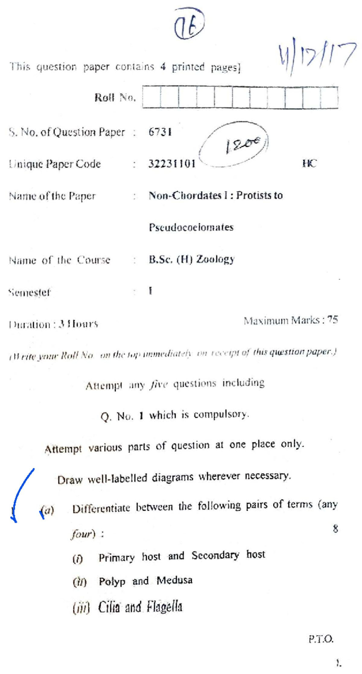 B.Sc. (H) Zoology 1st Sem 2017: Previous Year Questions (PYQs) - Studocu