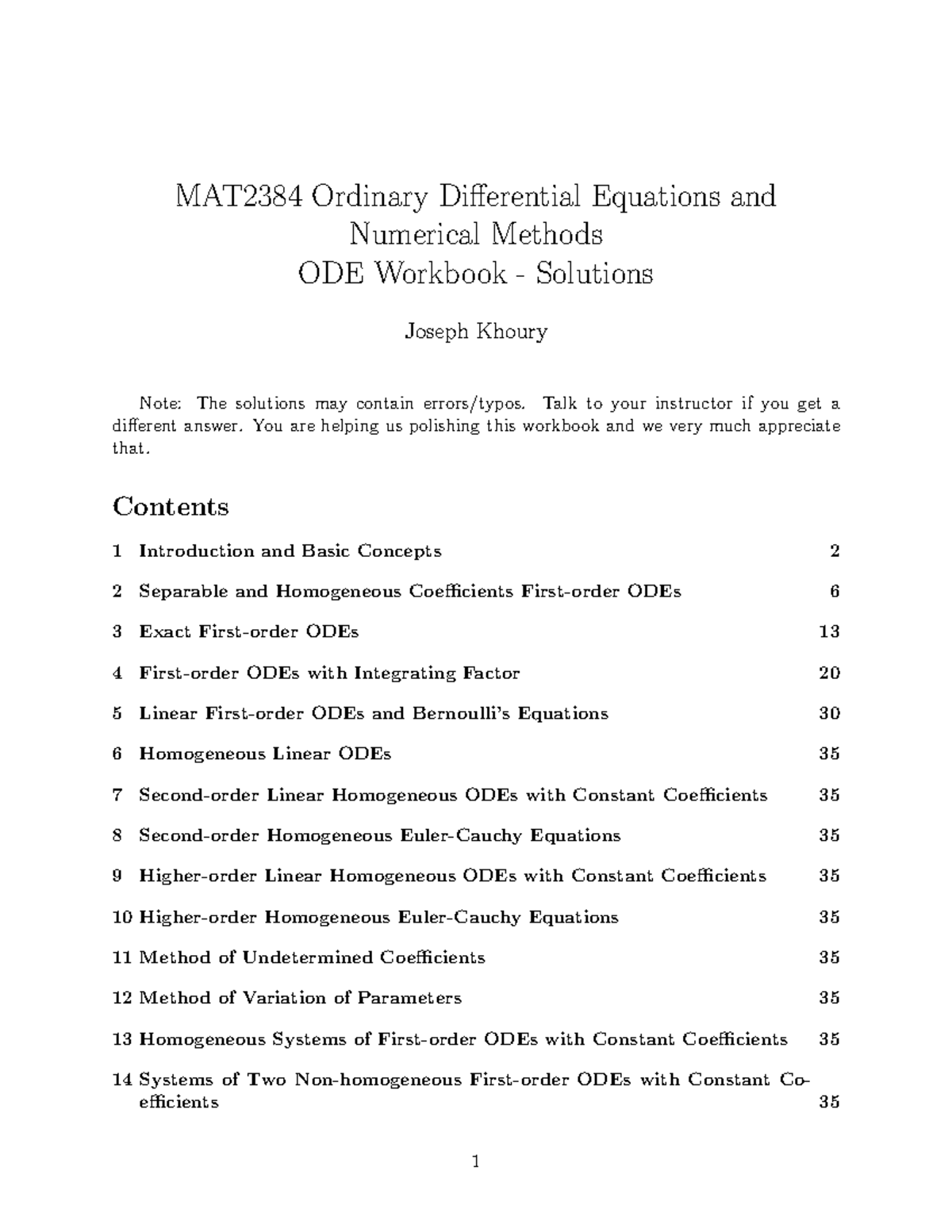 MAT2384 ODE Workbook Solutions - Detailed Explanations and Methods ...