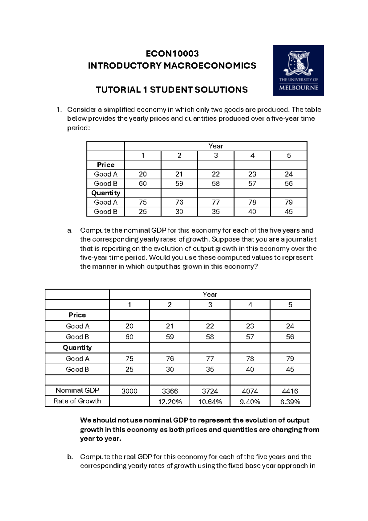 Tutorial 1-solutions-student - 1. Consider a simplified economy in ...