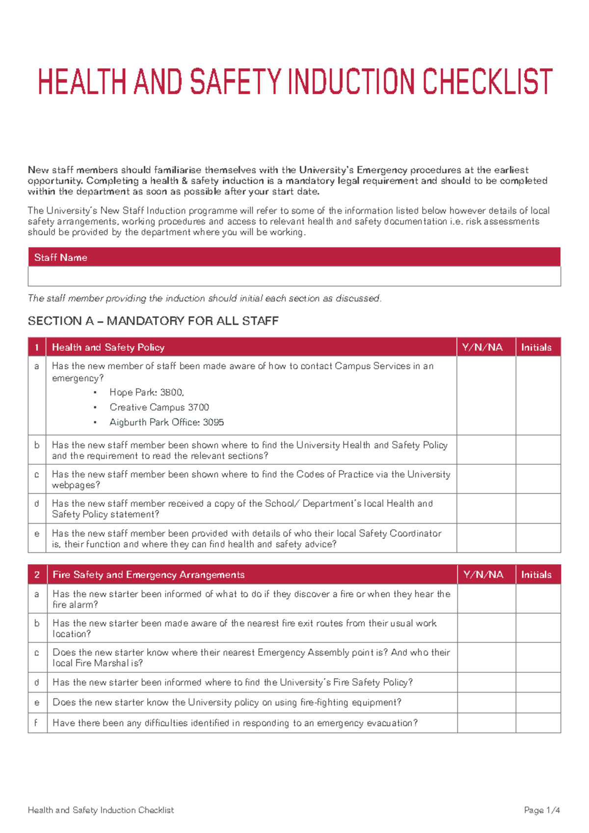 HEALTH & SAFETY INDUCTION CHECKLIST FOR NEW STAFF - Studocu