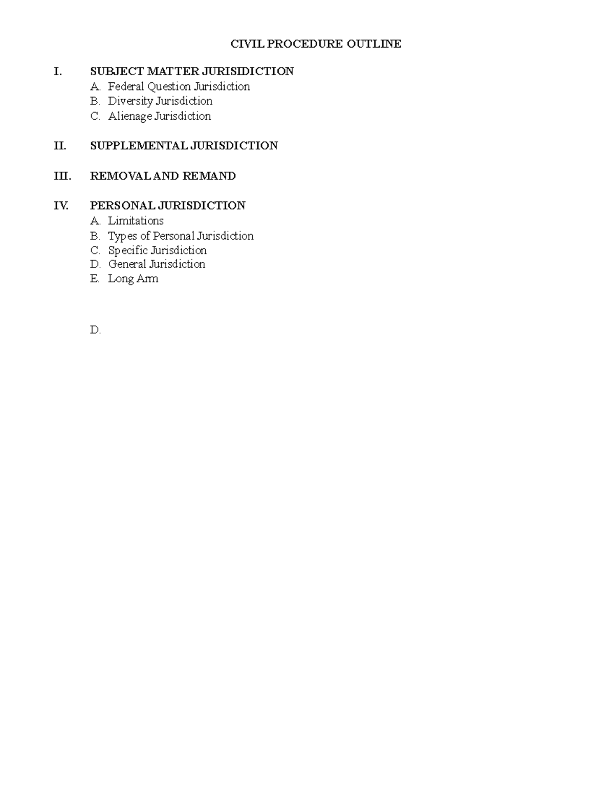 CIVIL PROCEDURE OUTLINE: JURISDICTION & REMOVAL (LAW 101) - Studocu