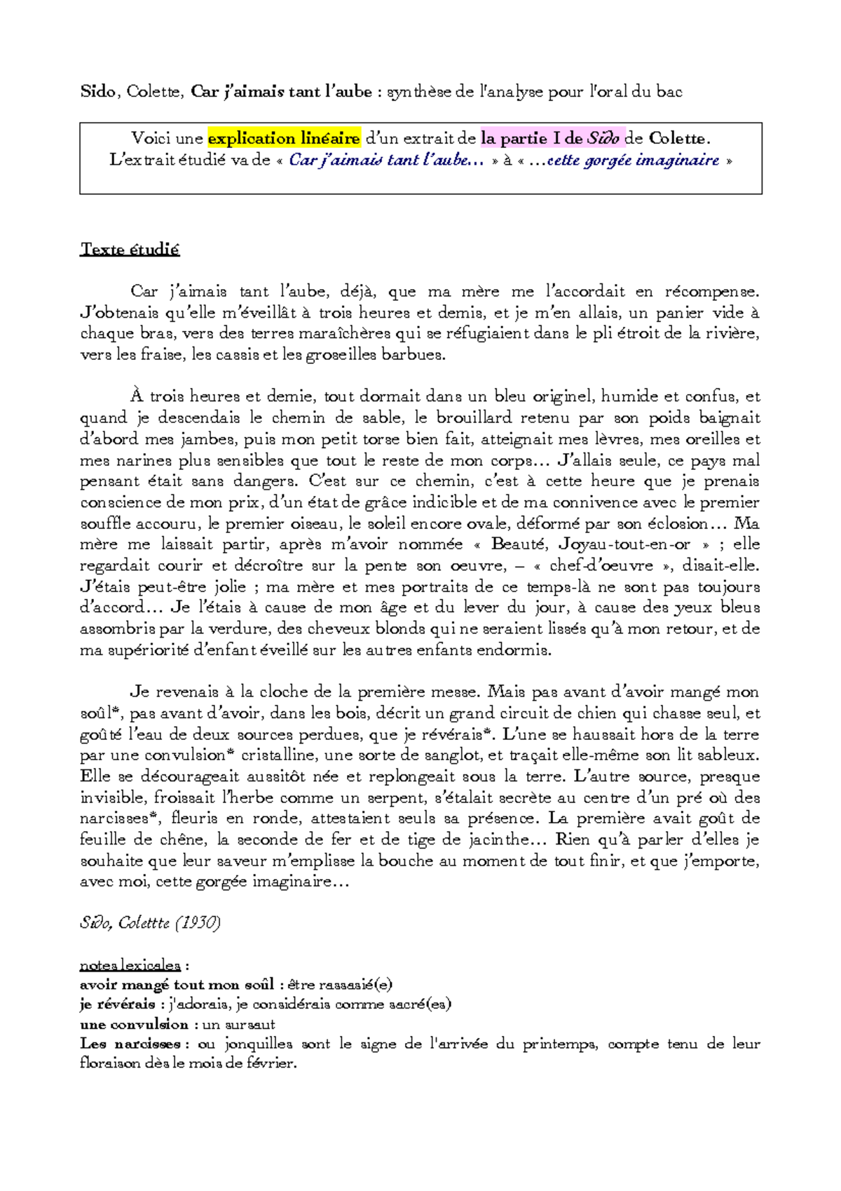 Analyse linéaire de l'extrait "Car j'aimais tant l'aube" de Sido (BAC ...