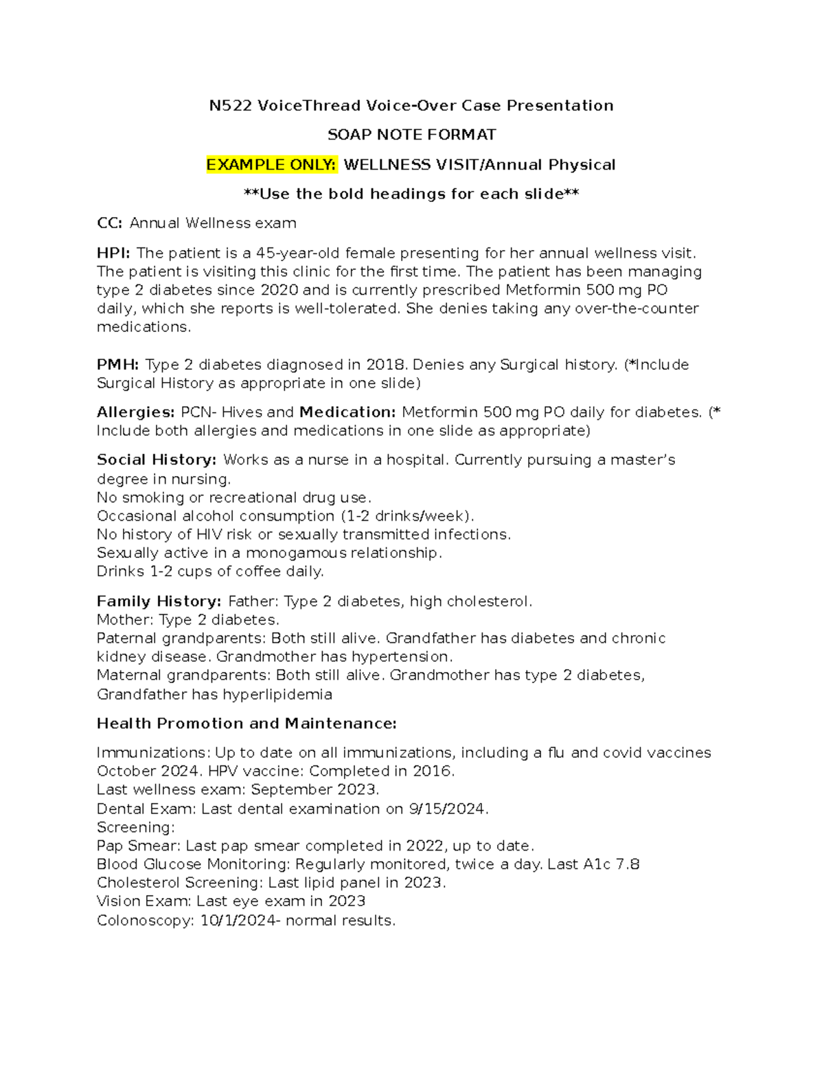 Example Wellness Visit SOAP Note for N522 VoiceThread Case Study - Studocu
