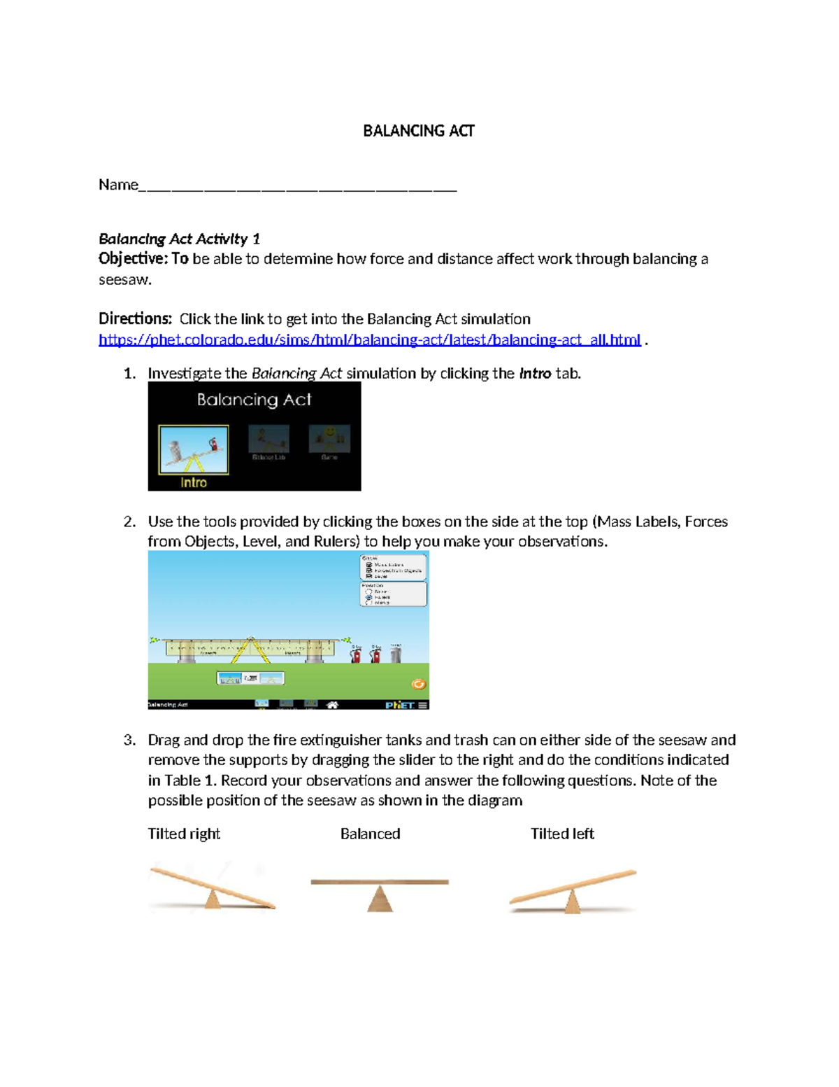 Physics 8 Lab - Balancing Act Activity and Observations - Studocu