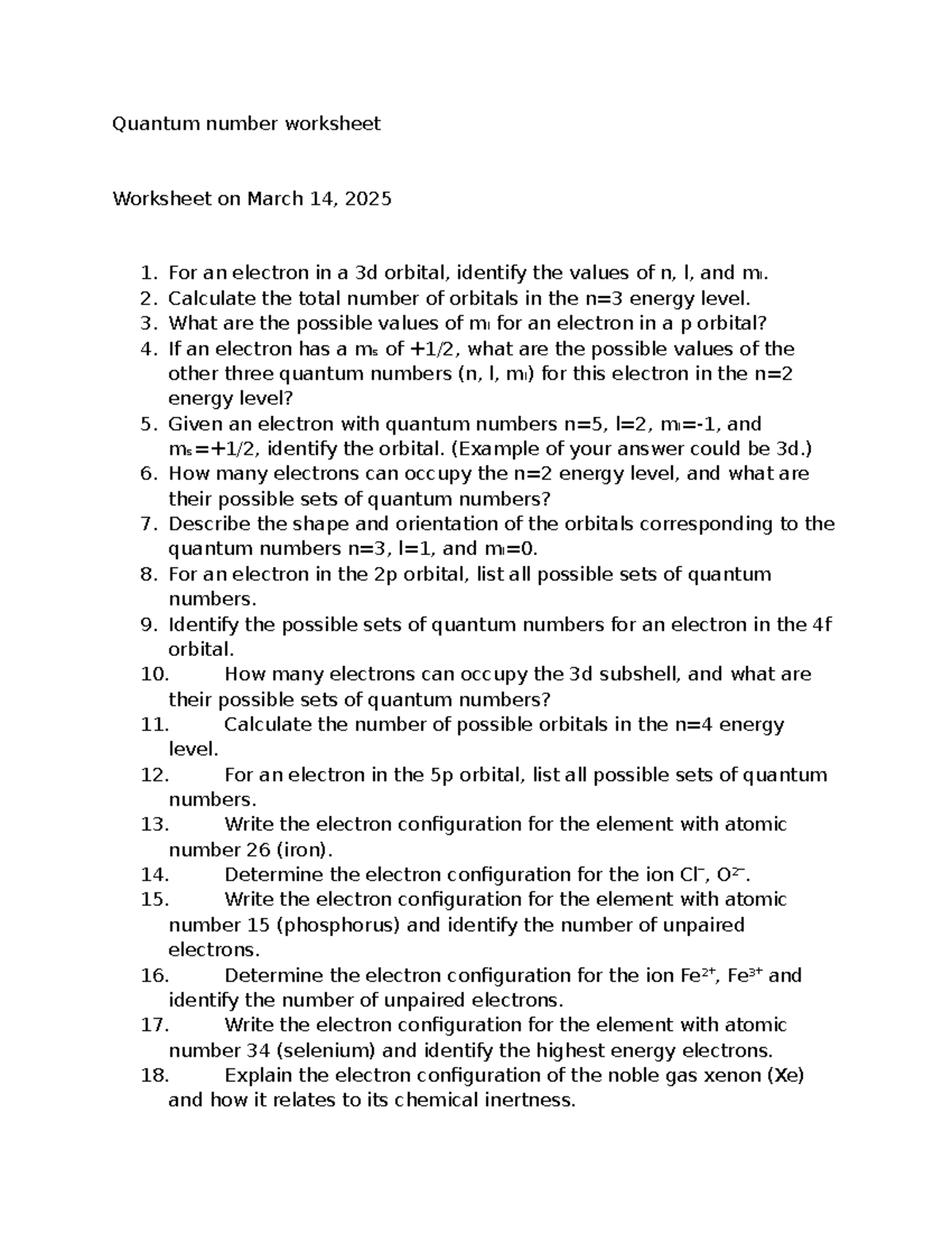 Quantum Number Worksheet: Key Concepts and Calculations - Studocu