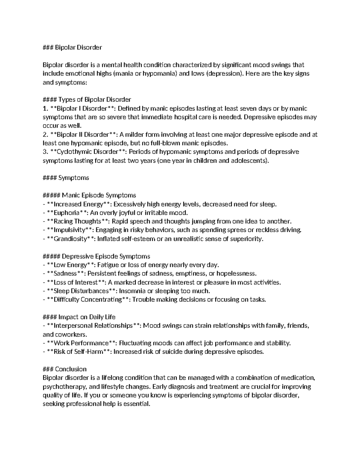 Bipolar Disorder Overview: Symptoms, Types, and Management - Studocu