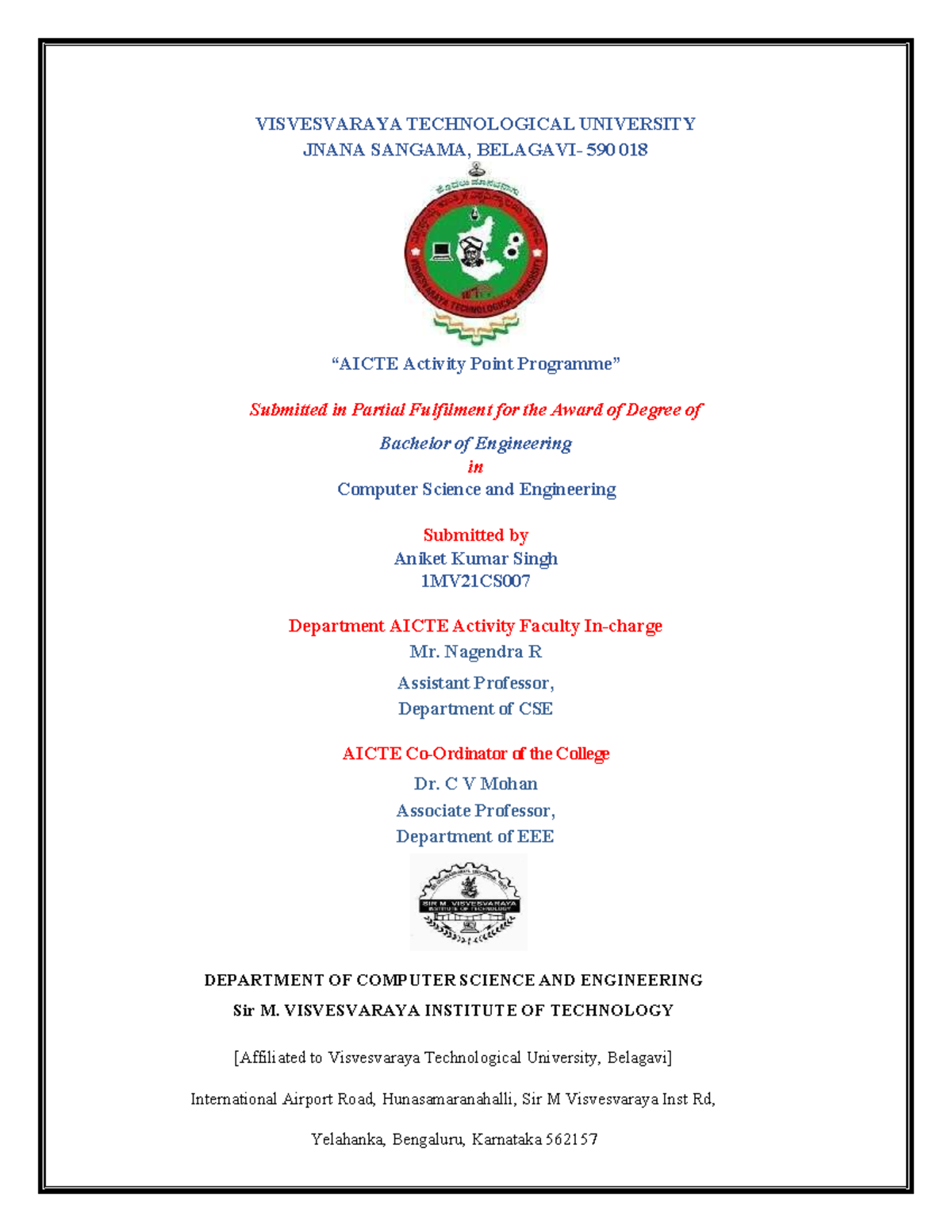 AICTE Activity Point Programme Report 2024 for BE in CSE - 1MV21CS ...