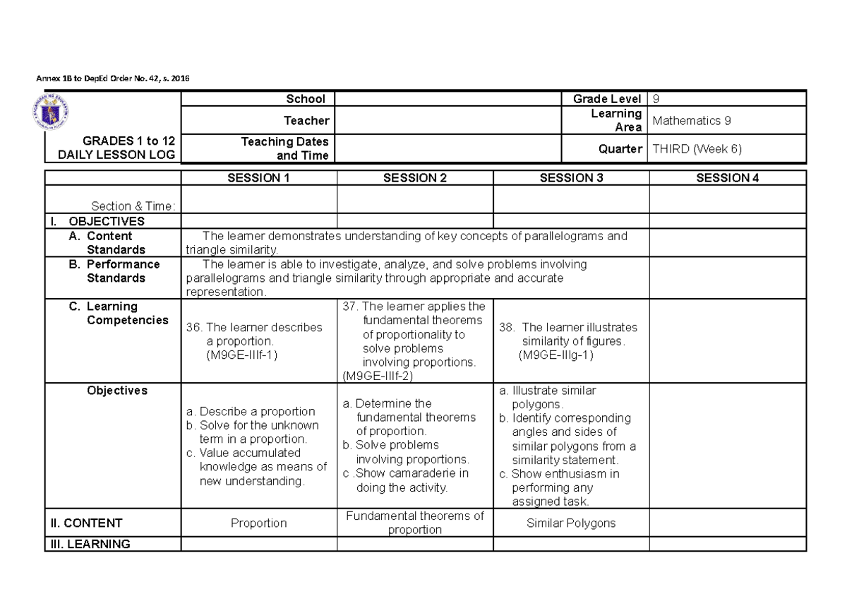 DLL-6th Week Lesson Log - Grade 9 Math (Quarter 3) on Proportions - Studocu