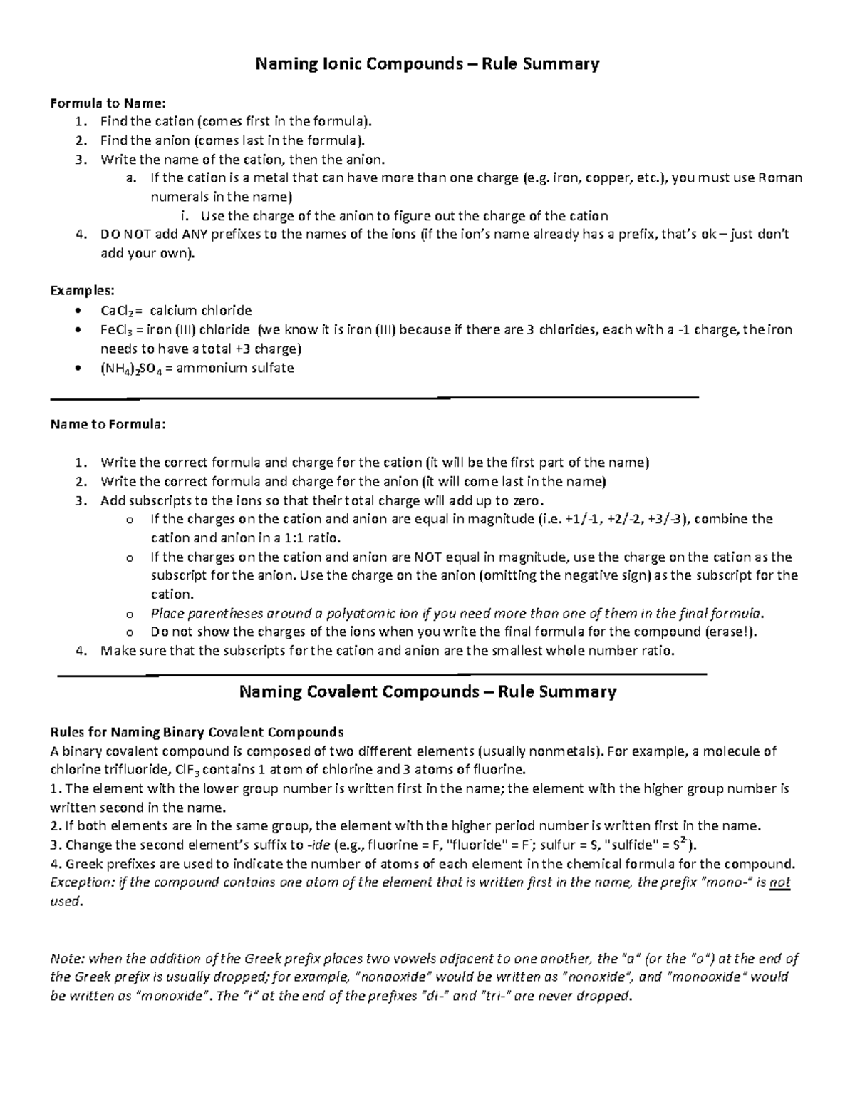 Ionic and Covalent Compounds Naming Rules Summary (CHEM101) - Studocu