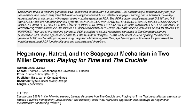 Hegemony, Hatred, and Scapegoating in Miller's Dramas: PFT & The ...