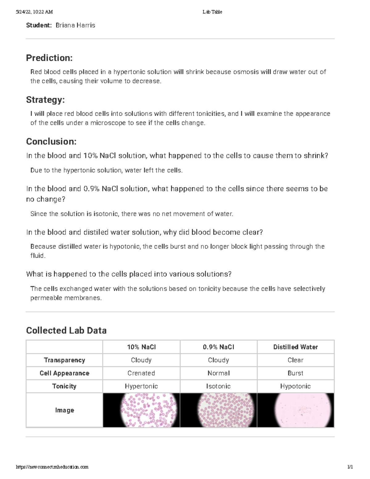 Lab 04 Part 6 - Osmosis - Tonicity in Red Blood Cells - 5/24/22, 10:22 AM Lab Table - Studocu
