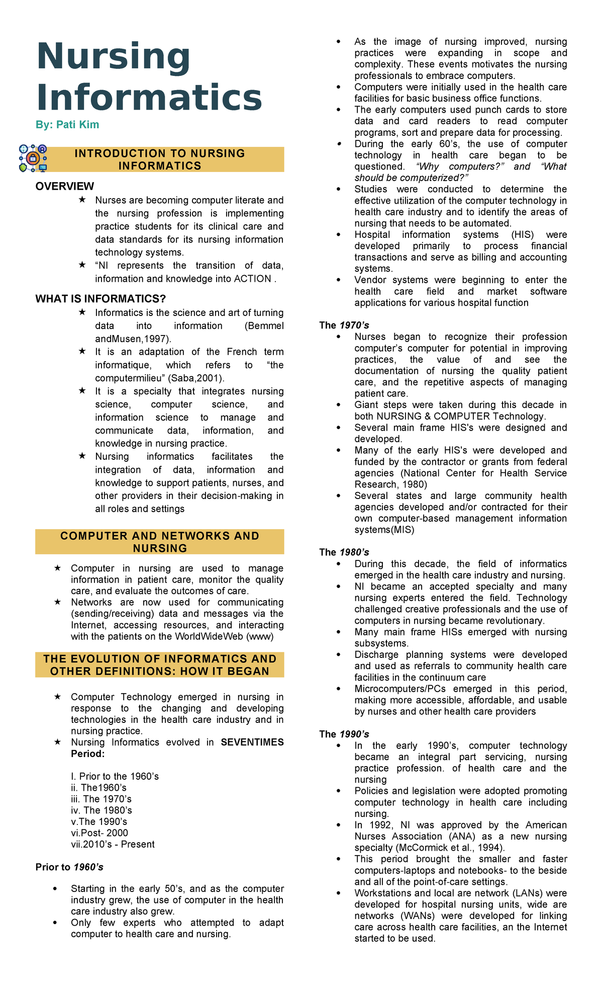 Nursing Informatics Overview: Key Concepts and Evolution (NI Reviewer ...