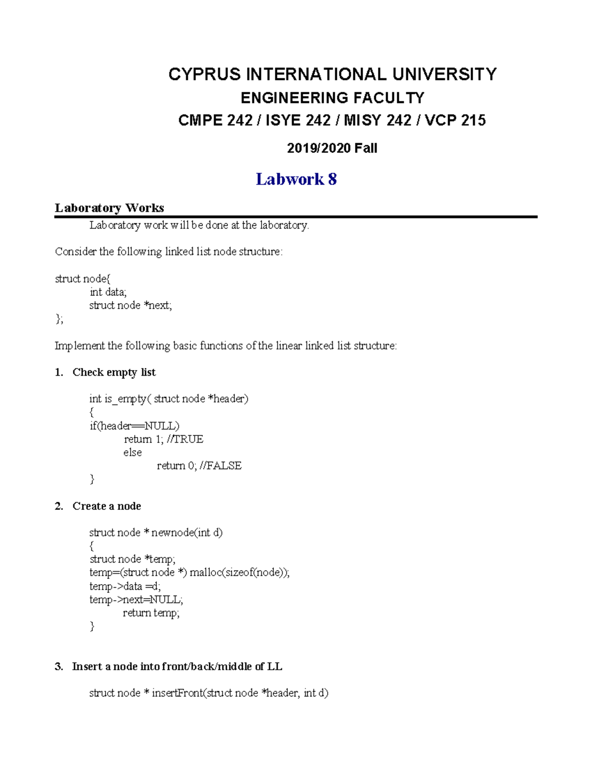 CMPE 242 - Fall Labwork 8: Linked List Functions - Studocu