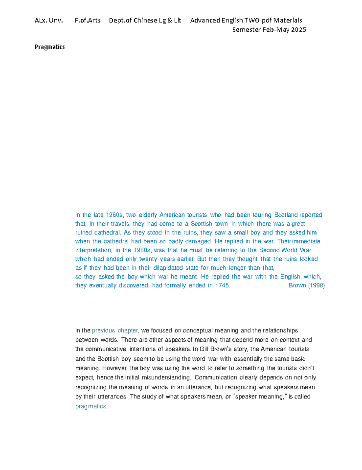 Advanced English II: Pragmatics and Speech Acts - Semester Feb-May 2025 ...